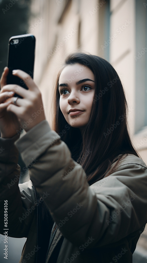 Teenage girl filming video of herself on mobile phone. Tik tok, social ...