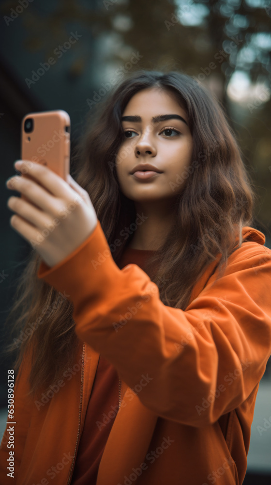 Teenage girl filming video of herself on mobile phone. Tik tok, social ...