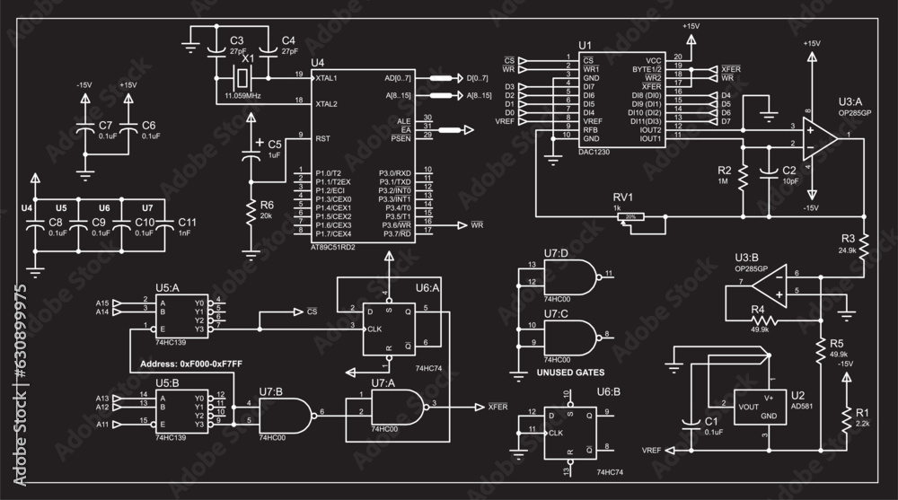 Vector electrical circuit. A complex large schematic diagram of an electronic device, operating ...