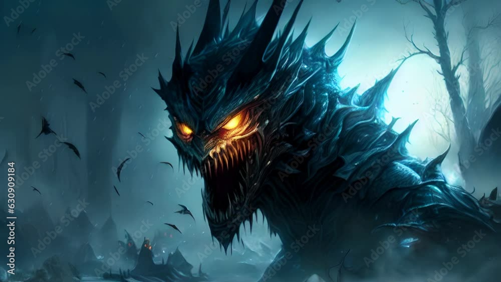 A horrific beast rises from the dead its cold eyes reflecting the ...