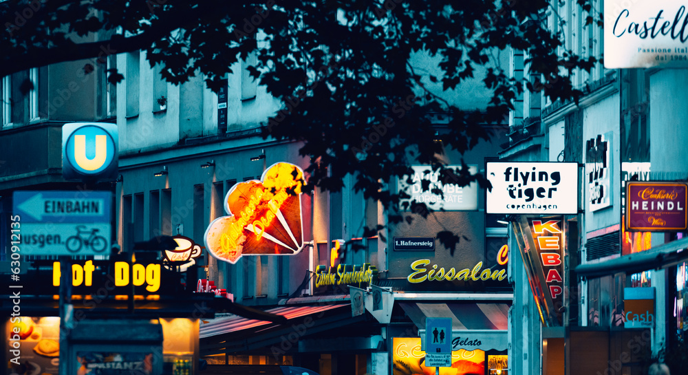 Vienna, Austria: neon shop signs at Schwedenplatz city center Stock ...