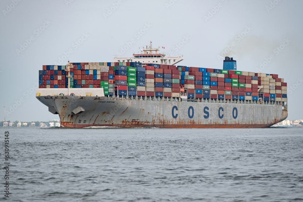 The COSCO container ship Fortune sails into Charleston Harbor, SC, USA ...