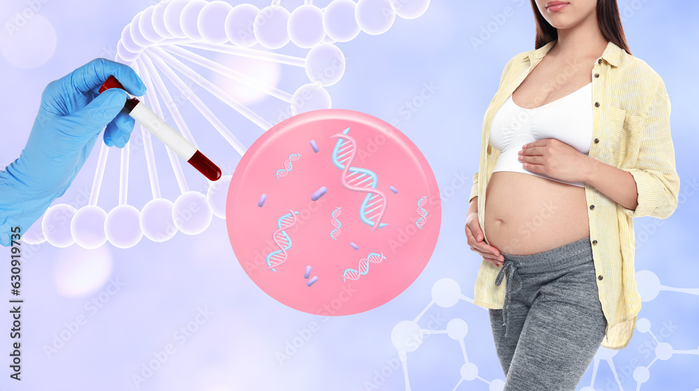 Noninvasive prenatal testing (NIPT). Illustrations of DNA structure ...