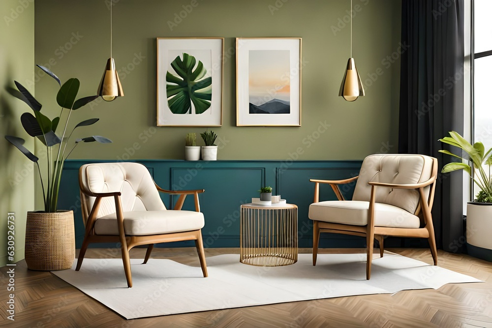 Stylish composition of living room interior with rattan chair design ...