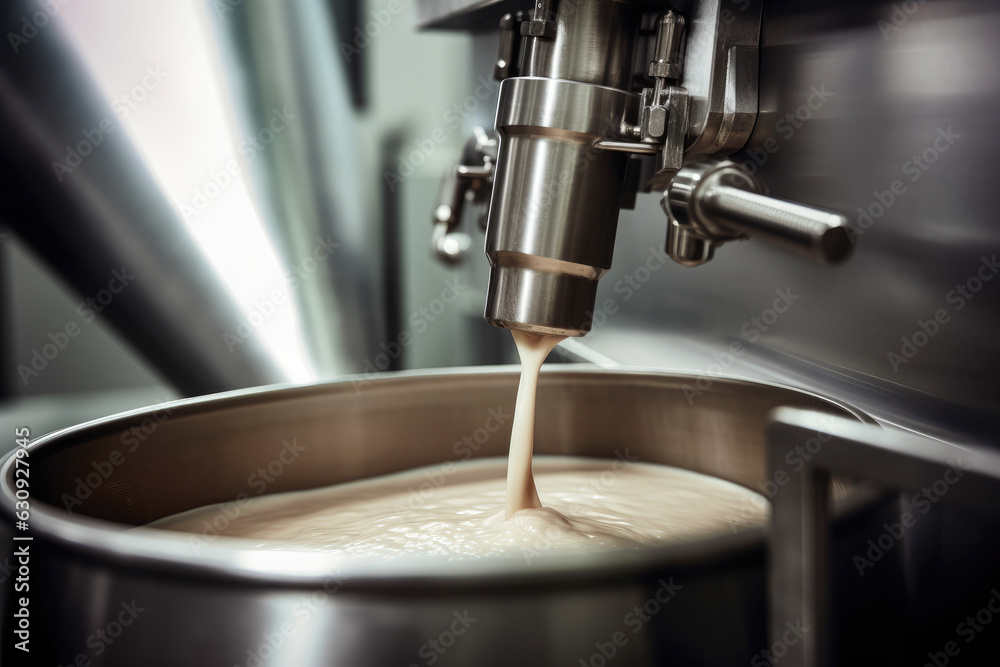 An up-close view of a homogenizer carefully blending and emulsifying ...