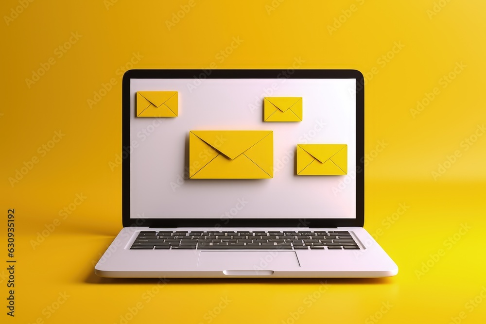 Laptop with envelope on screen on yellow background, email marketing ...