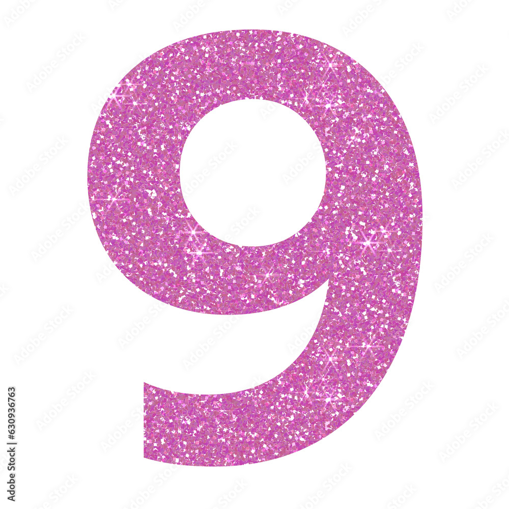 ภาพประกอบสต็อก Pink glitter number nine in transparent background.Number 9 icon, Design for ...