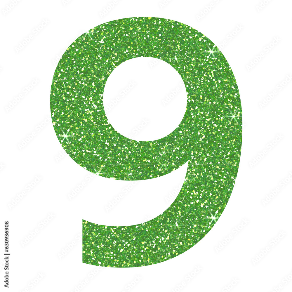 Green glitter number nine in transparent background.Number 9 icon ...