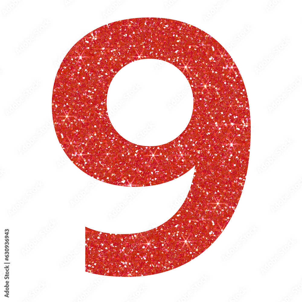Red glitter number nine in transparent background.Number 9 icon, Design for decorating ...