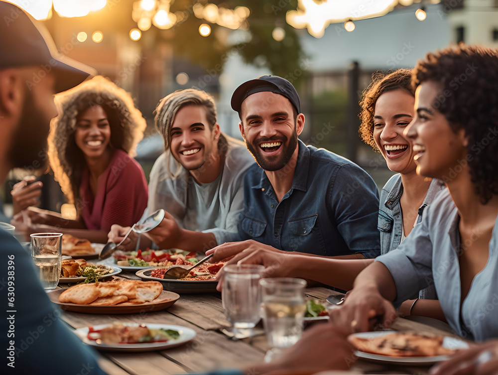 A diverse group of people eating around a table outside at the ...