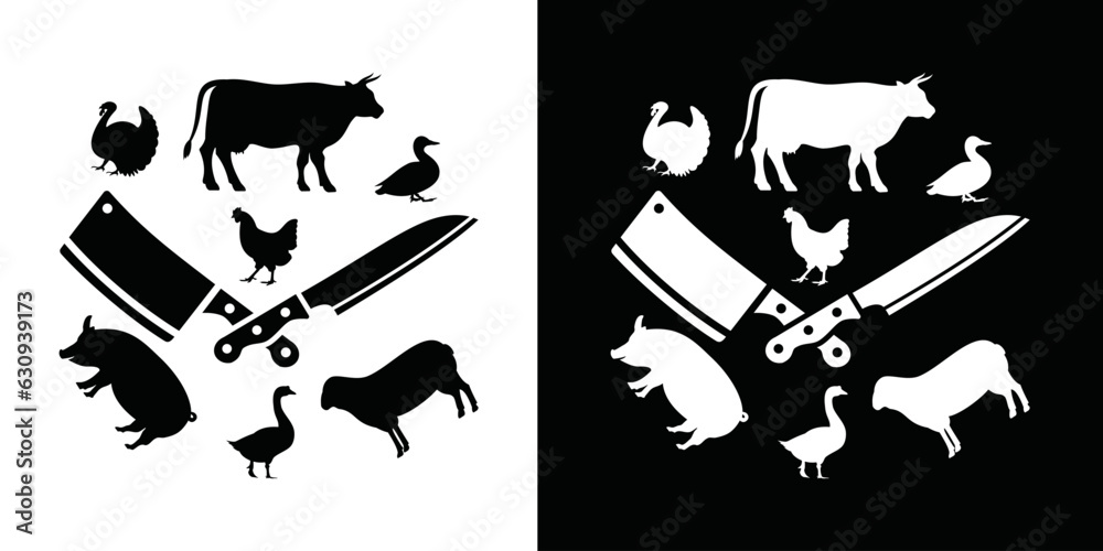 Butcher icon logo design, cutting design of cattle, chicken, turkey ...