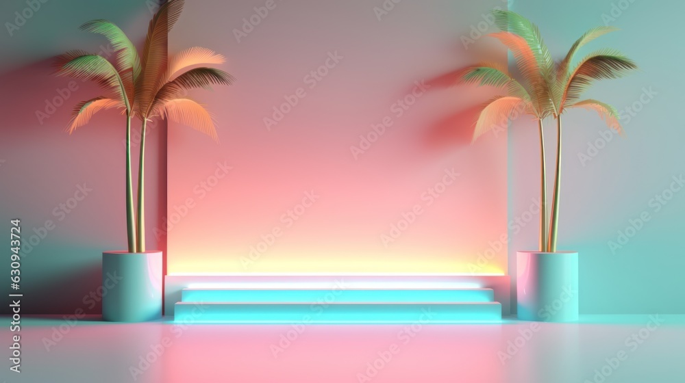Wall and stairs with neon lighting for mocap, with palm trees. AI ...