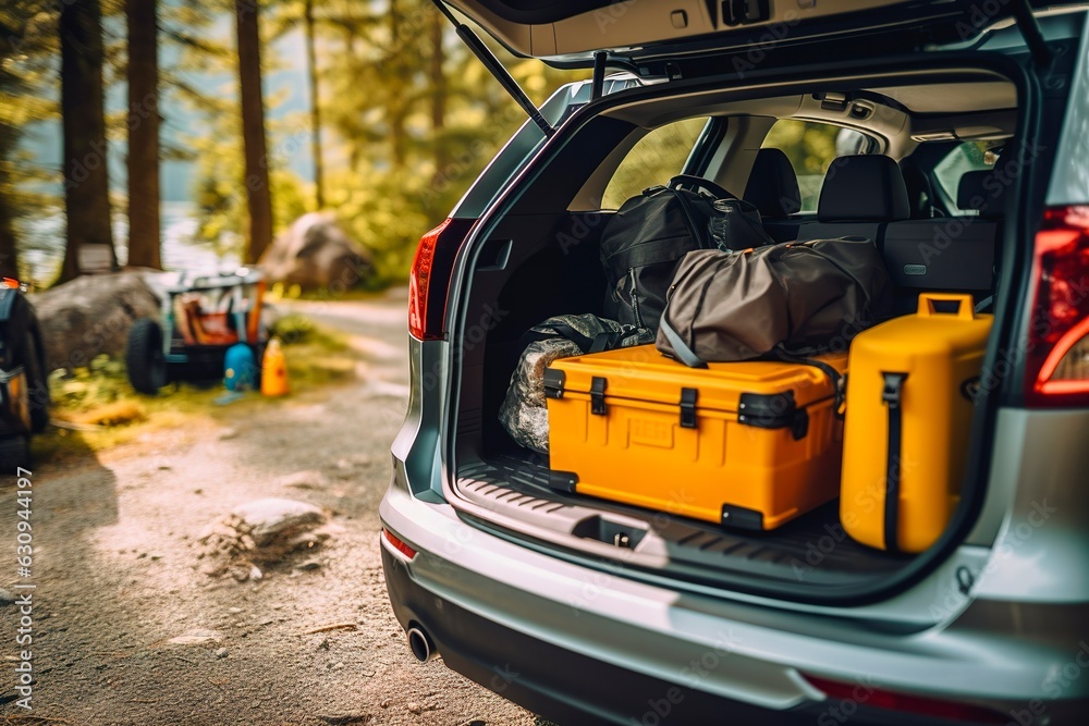 Loaded back of car in the wild forest ready for camping time Stock ...