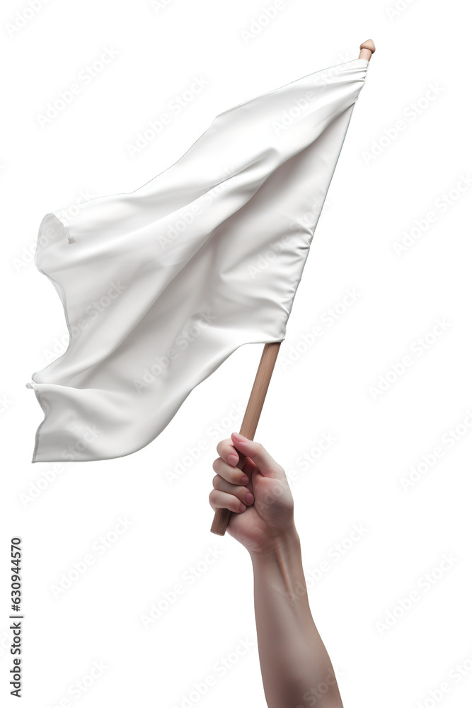 Hand raising a white flag of surrender, peace. Isolated transparent ...