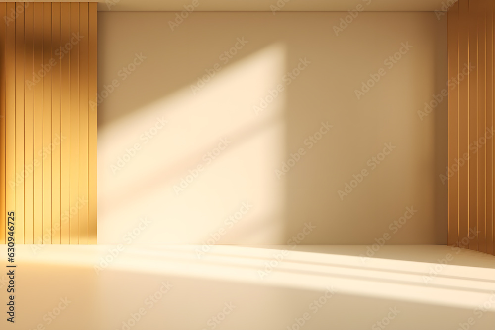 beige wall room with curtains and shadow and light from windows, in the ...