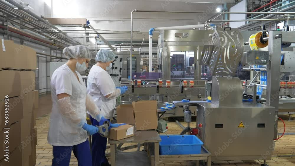 Cheese factory. Package line at dairy food manufacturing. Female ...
