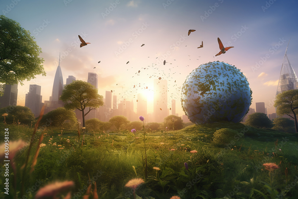 Transparent Glass Globe sphere with city and green natural background ...