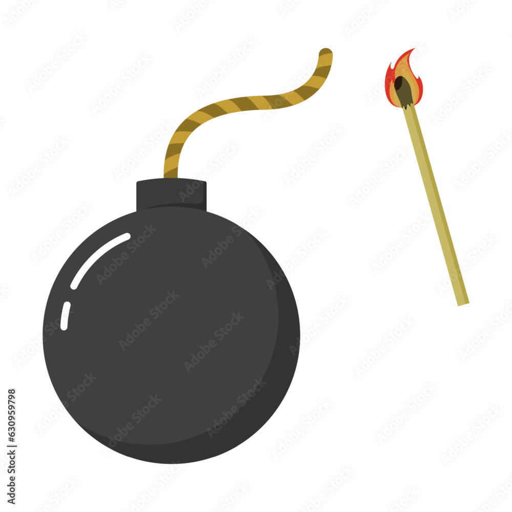 Bomb with burning match before explosion vector illustration. Cartoon ...