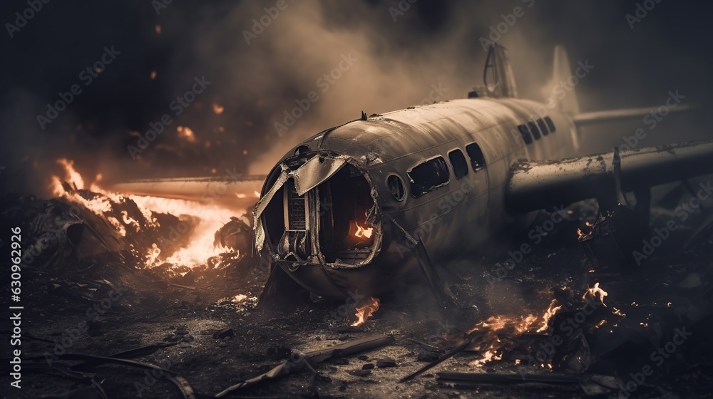 Dramatic illustration of aeroplane accident. Crashed and burnt air ...