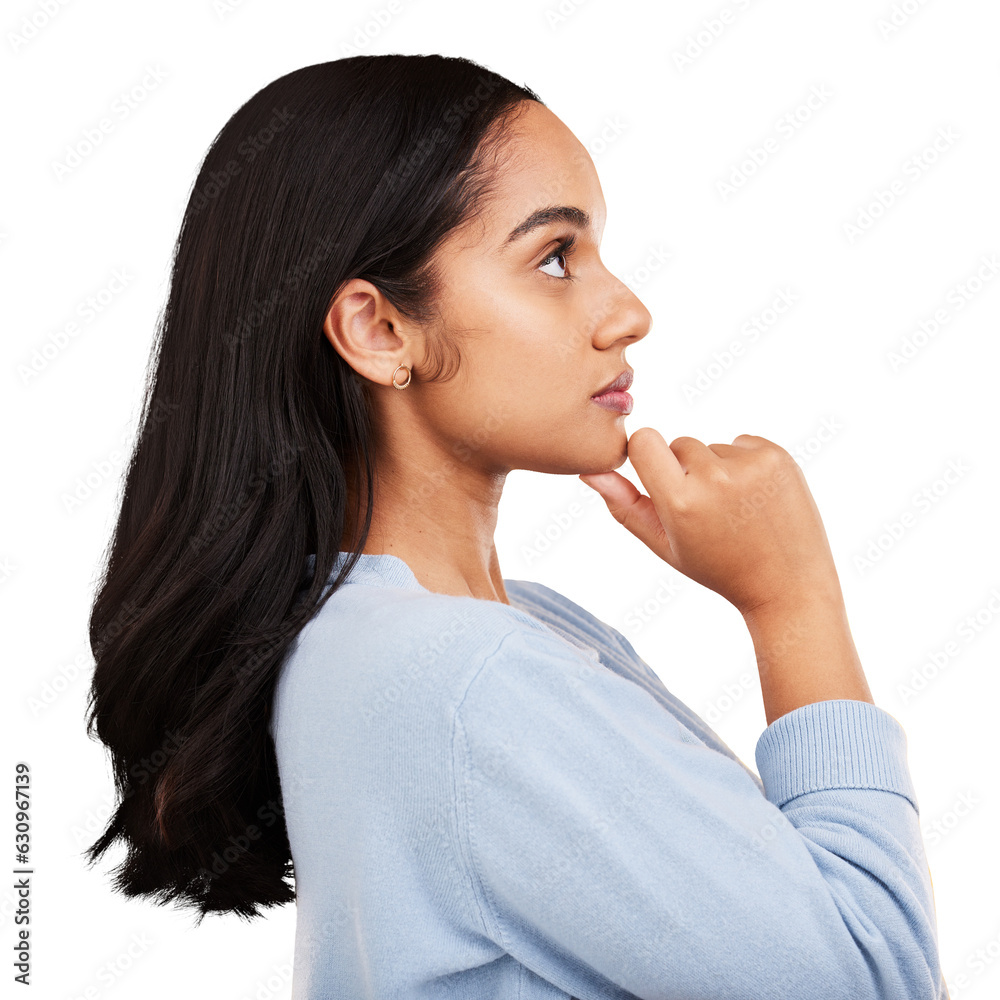 Woman, profile and studio with a young model thinking with casual ...