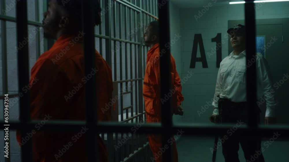 Prison employee with police baton walks at jail corridor and bullies ...