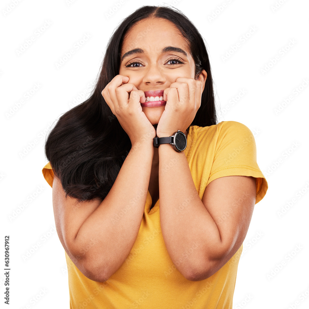 Nervous, fear and portrait of woman isolated on a transparent png ...