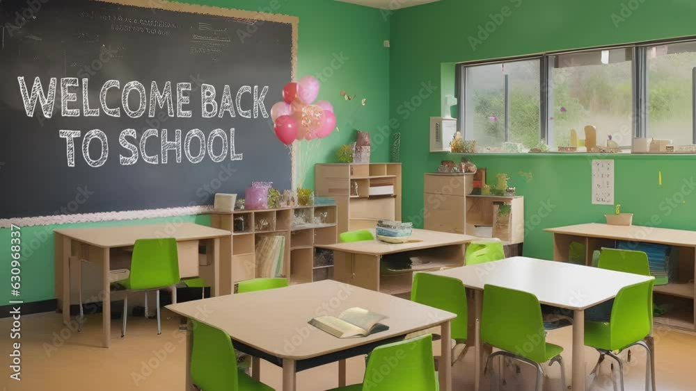Cute kids school classroom and black chalkboard with "Welcome Back To ...