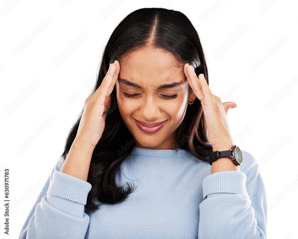 Stress, frustrated and person with headache pain isolated in a ...