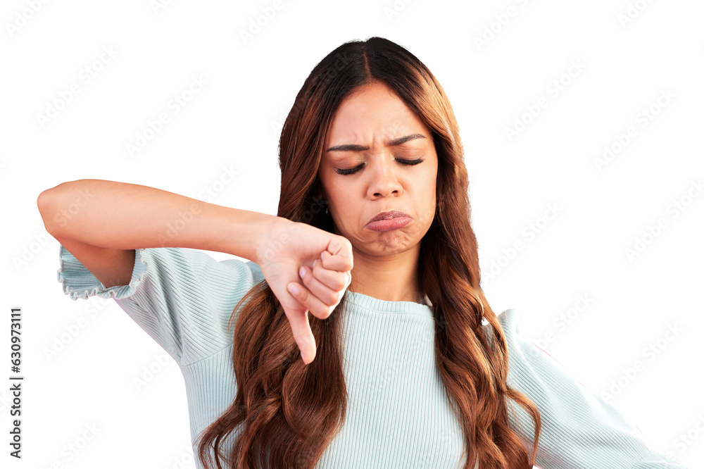 Thumbs down, sad and woman fail, wrong and isolated on a transparent ...