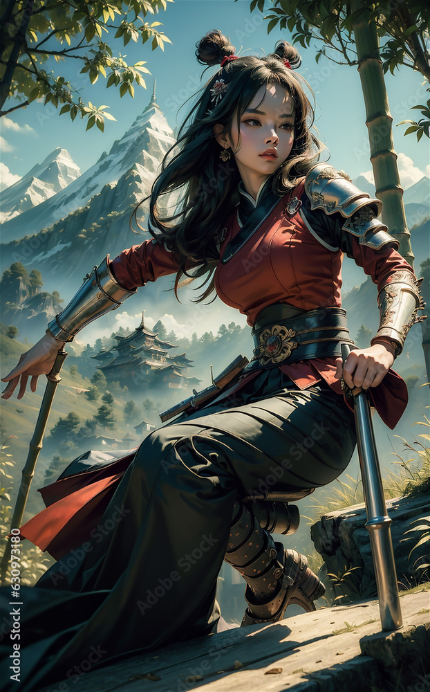 Portrait of a fantasy female warrior and wearing armor, equipped with a ...