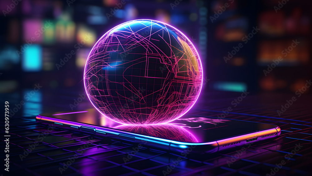 cellphone laid with screen up with neon glowing sphere on its surface ...