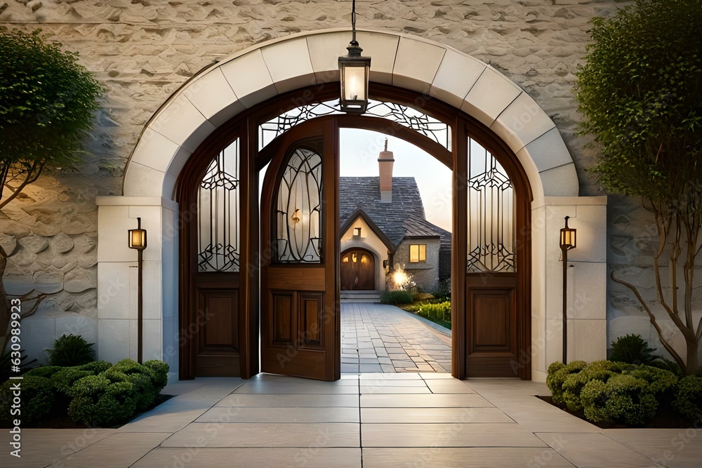 Design an inviting Tudor entryway with a decorative arched door a ...
