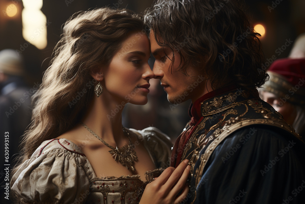 beautiful prince and princess from a medieval fairy tale hugging and ...