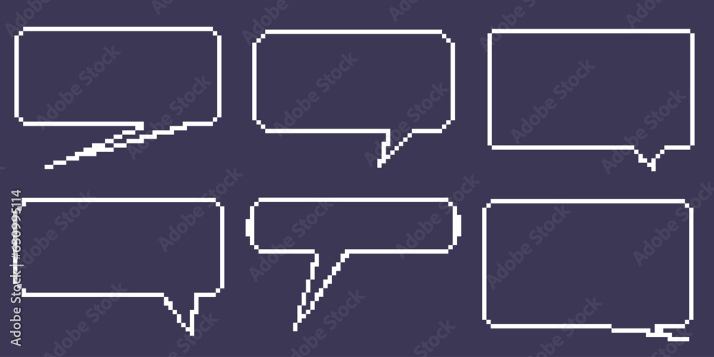 Pixel dialogue square box set in dark background. Speech pixel bubble ...
