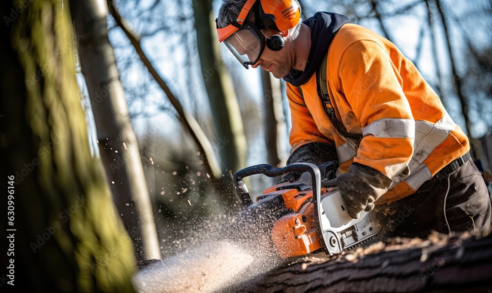 The man operated the petrol saw, effortlessly felling the tree Stock ...
