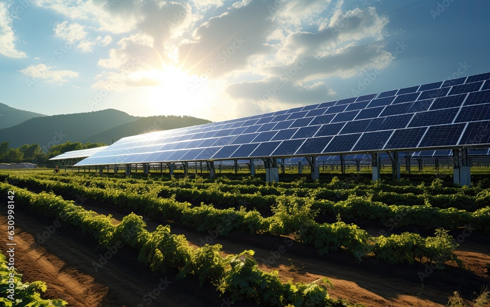 Farmland enhanced with agrivoltaics, where solar panels are ...