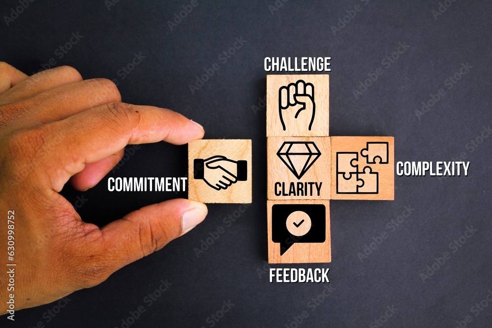 wooden square with icons of clarity, commitment, feedback, challenge ...