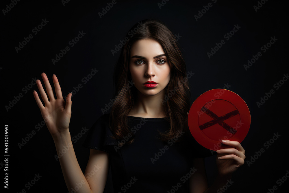 Woman Shows Stop Sign On Black Background. Womens Rights, Traffic Signs ...