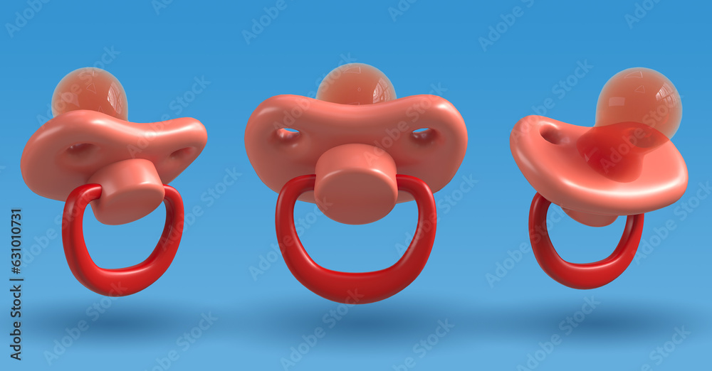Pink silicone pacifier for babies on a light blue background in three ...