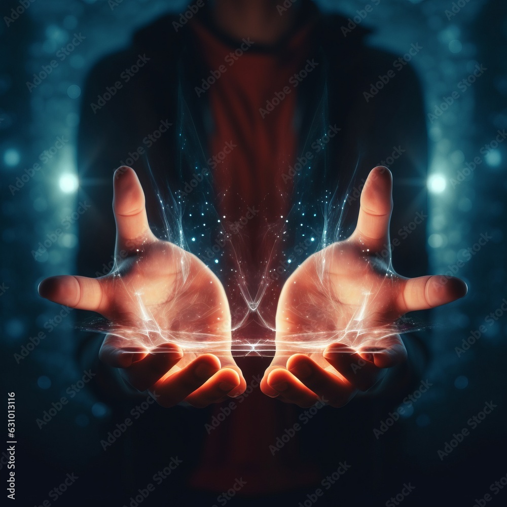 A scene with A human hand reaching out to touch a floating, glowing orb ...
