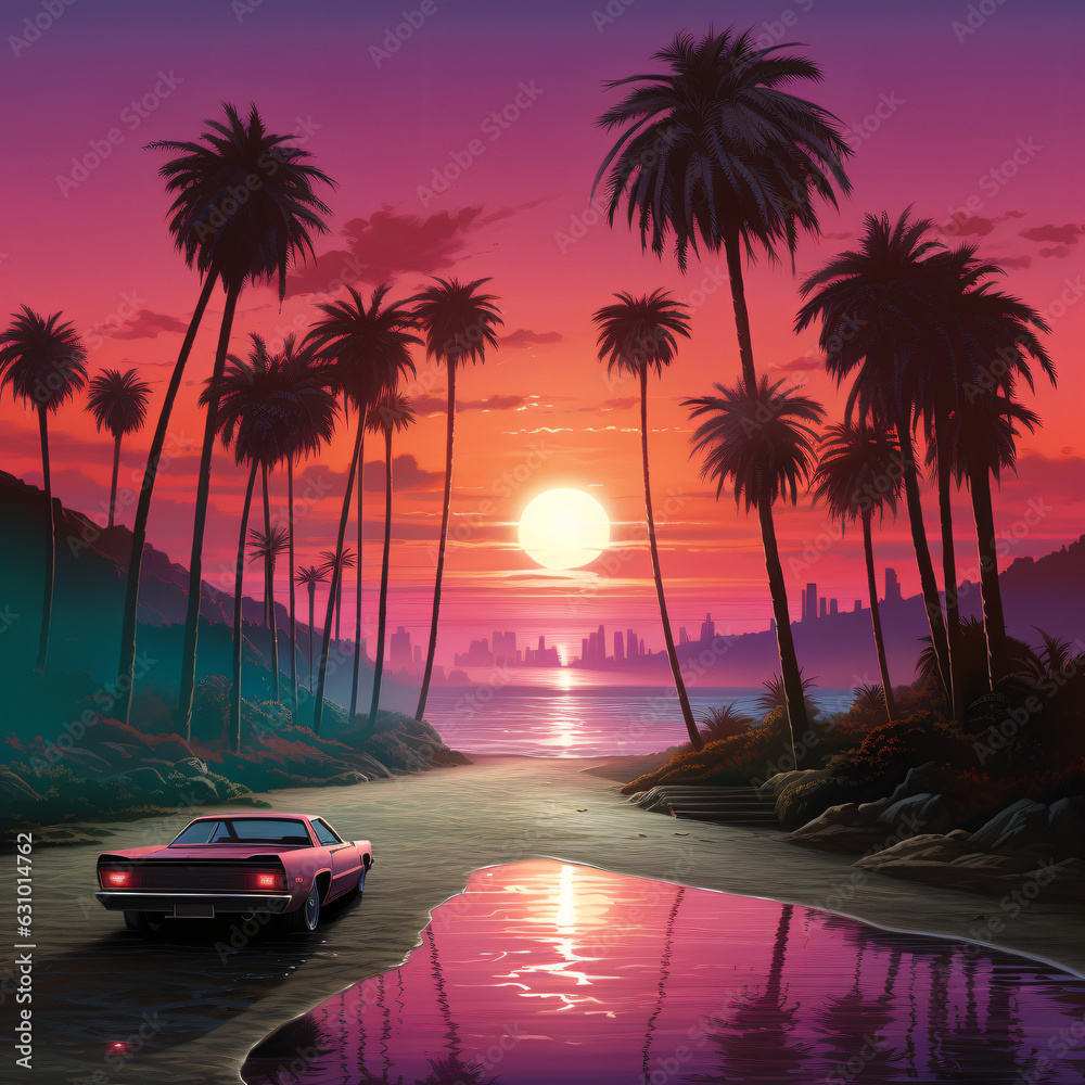 Retro 80s sunsets with palm trees for t-shirt design Stock Illustration ...