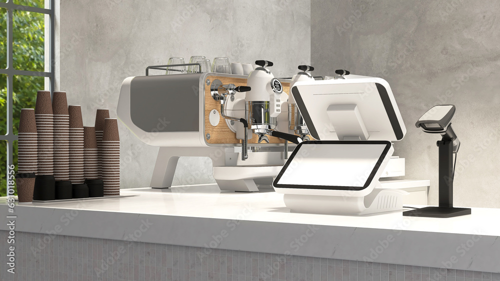 White modern blank screen of digital cash register, touchscreen tablet ...