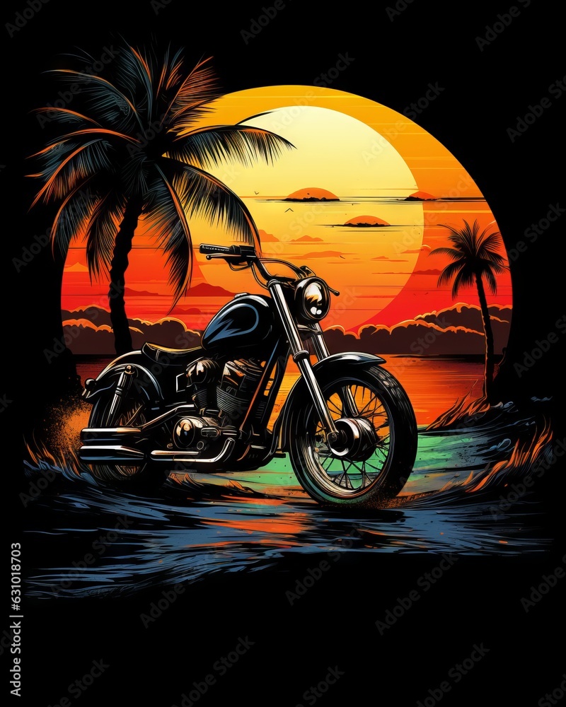 Motorcycle on the beach T-shirt design - Motorbike on the beach with ...
