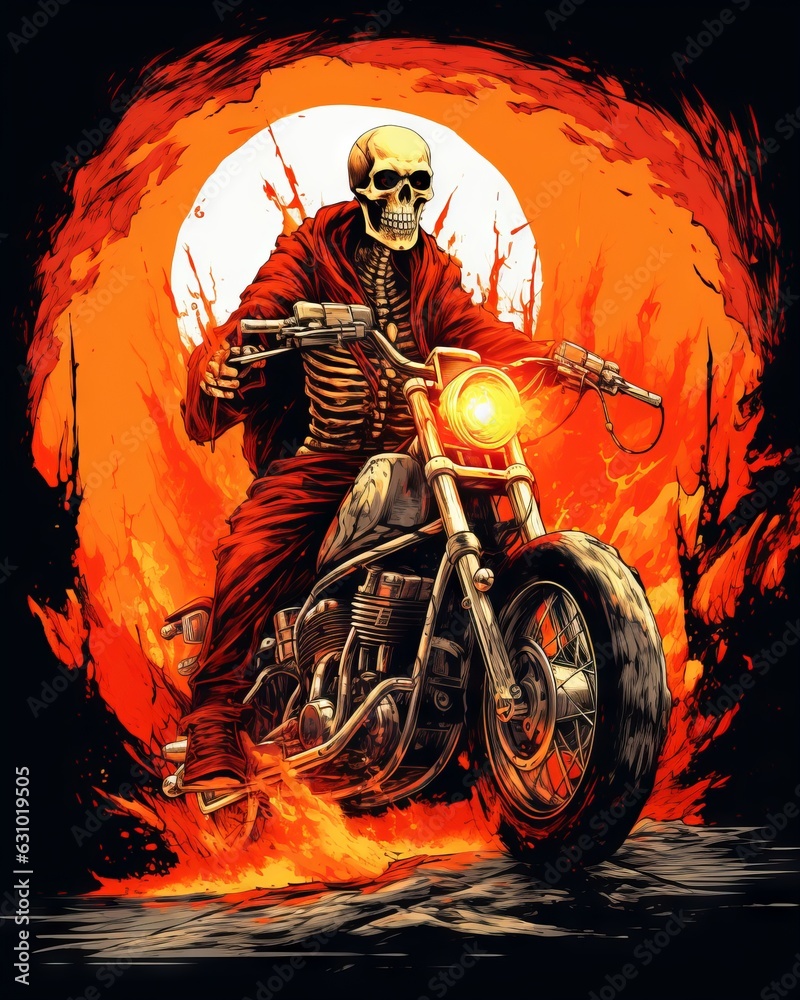 Skeleton rides a Motorbike, Fire emanating from the body, sunset, pure ...