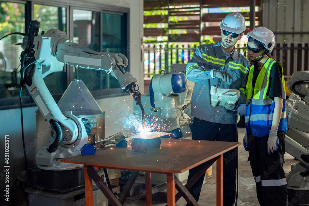 Engineer control robot arm machine welding steel, worker using forcing welding control screen ...