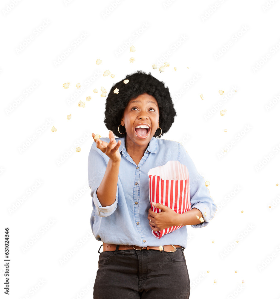 Funny, throw popcorn and black woman in movie, streaming service or ...