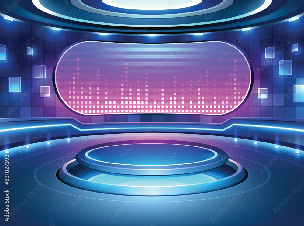 Futuristic hi-tech stage layout with sound wave led screen. Scifi ...