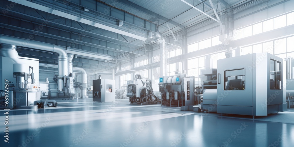 A modern factory with large scale CNC milling machines. A bright ultra ...