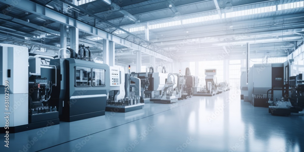 A modern factory with large scale CNC milling machines. A bright ultra ...