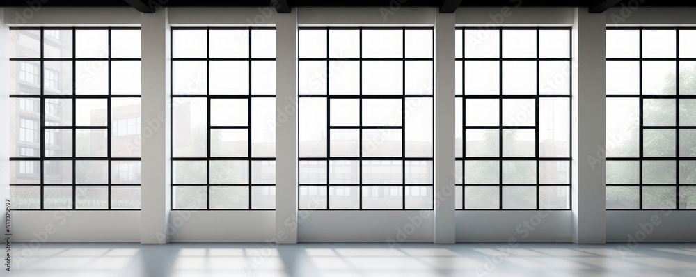 White room. white vacant building floor with black window frames and ...
